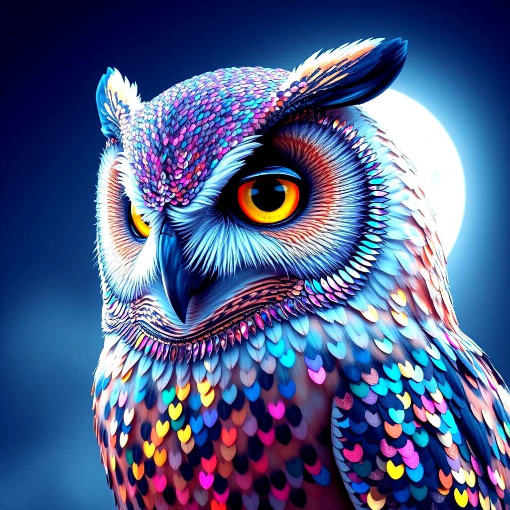 A close-up of sequin-covered owl - A close-up of sequin-cove...