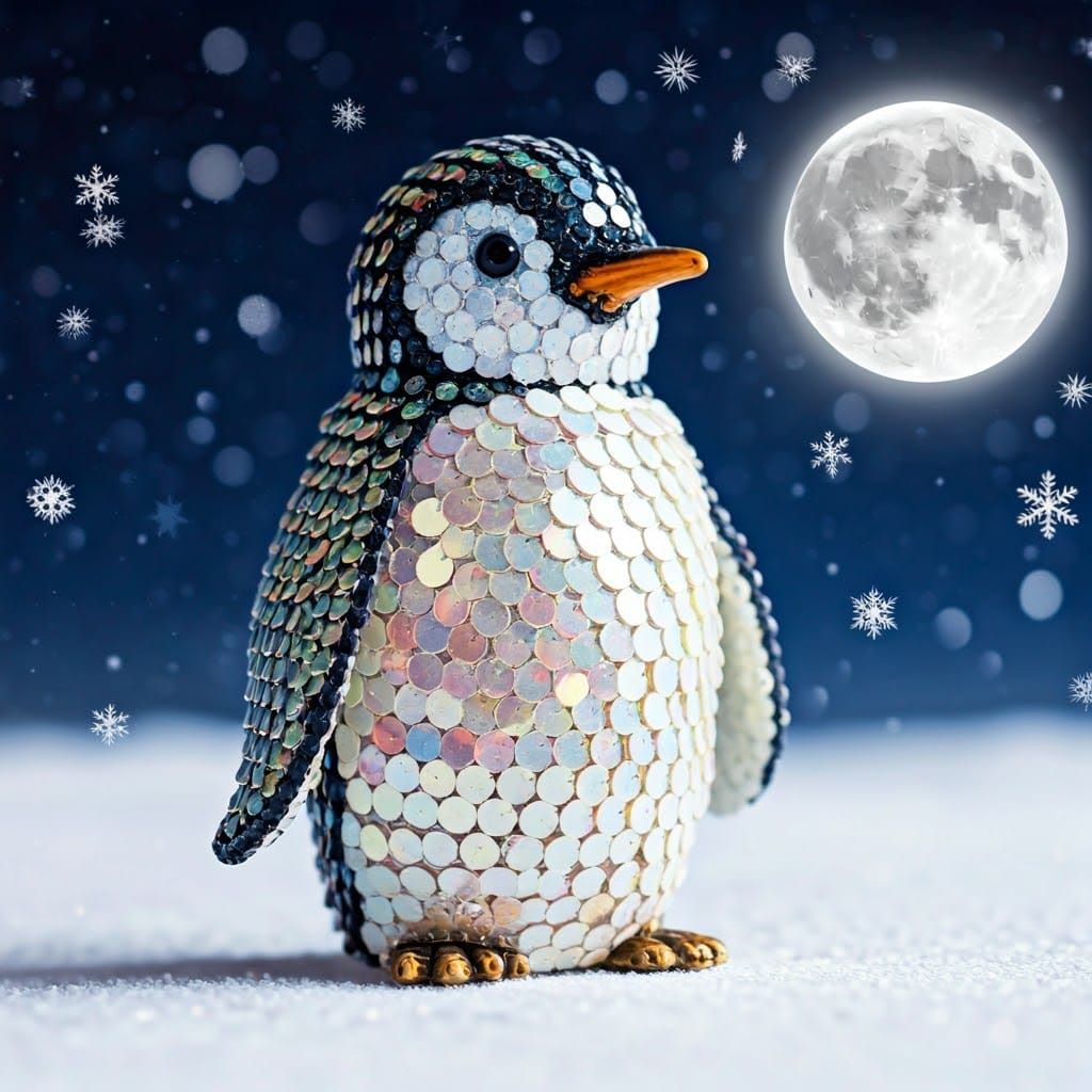 Icy Sequin Tuxedo - Sculpture of Penguin in Iridescent Sequi...