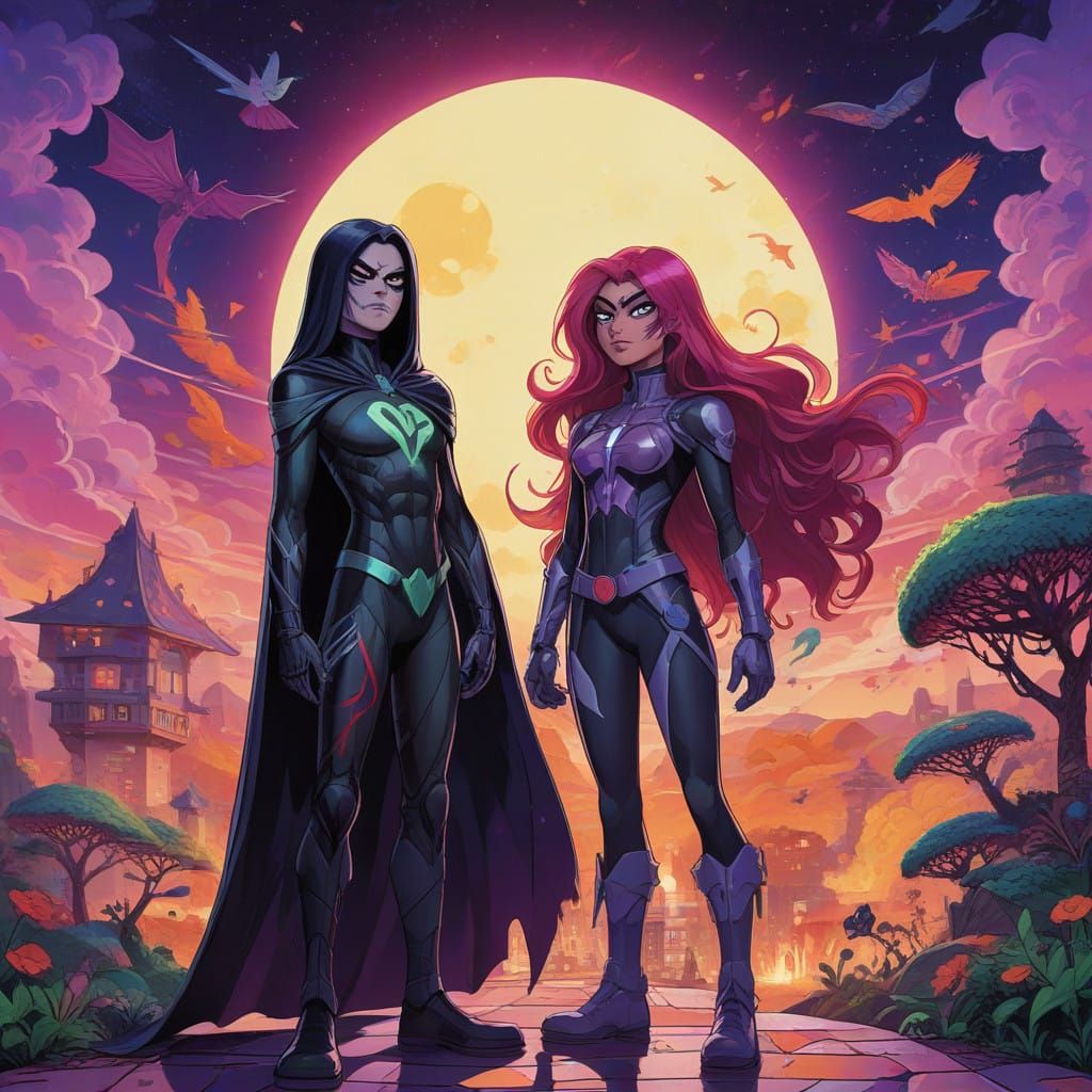 Raven Starfire - Vibrant Teen Titans Duo in Psychedelic Drea...