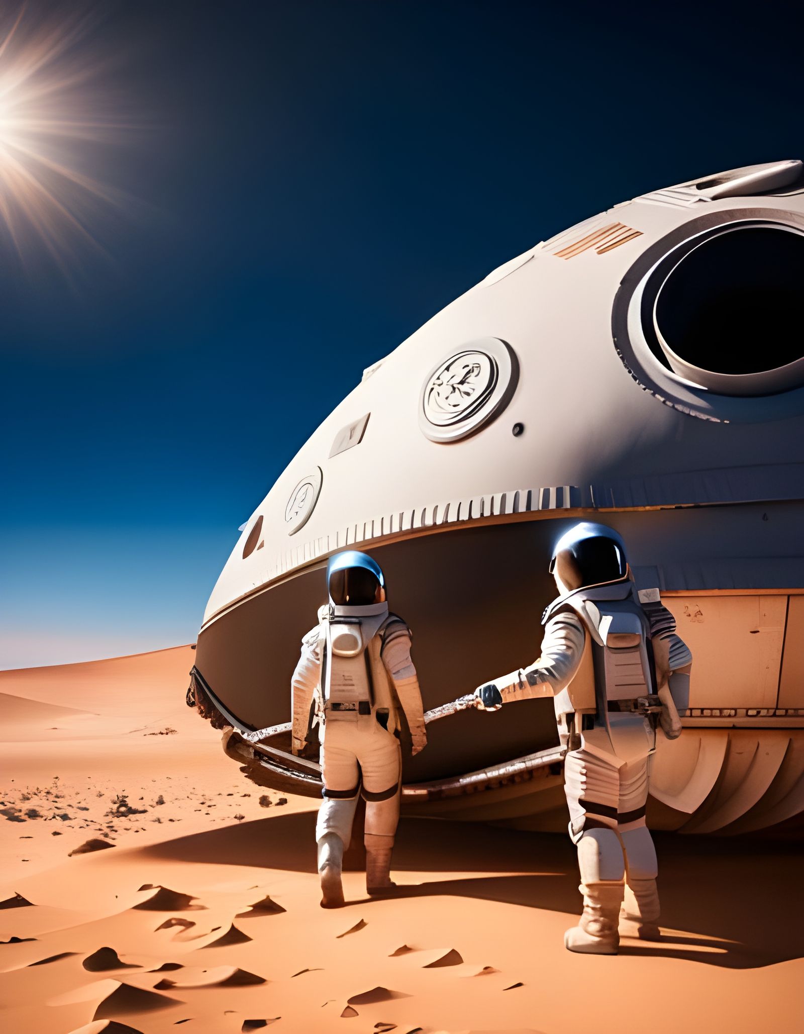 detailed small cigar-shaped science fiction spaceship shuttle on Mars ...