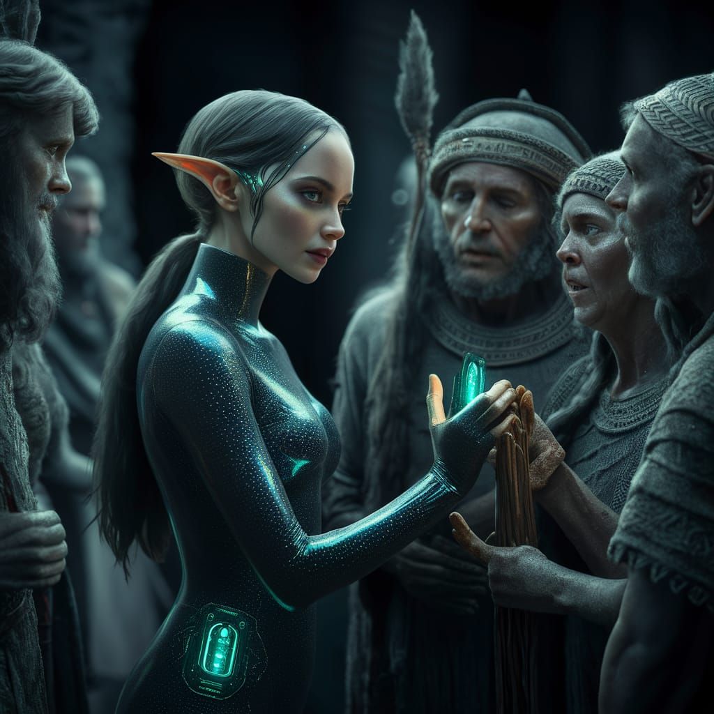 A technological fairy reveals herself to early humans - AI Generated ...