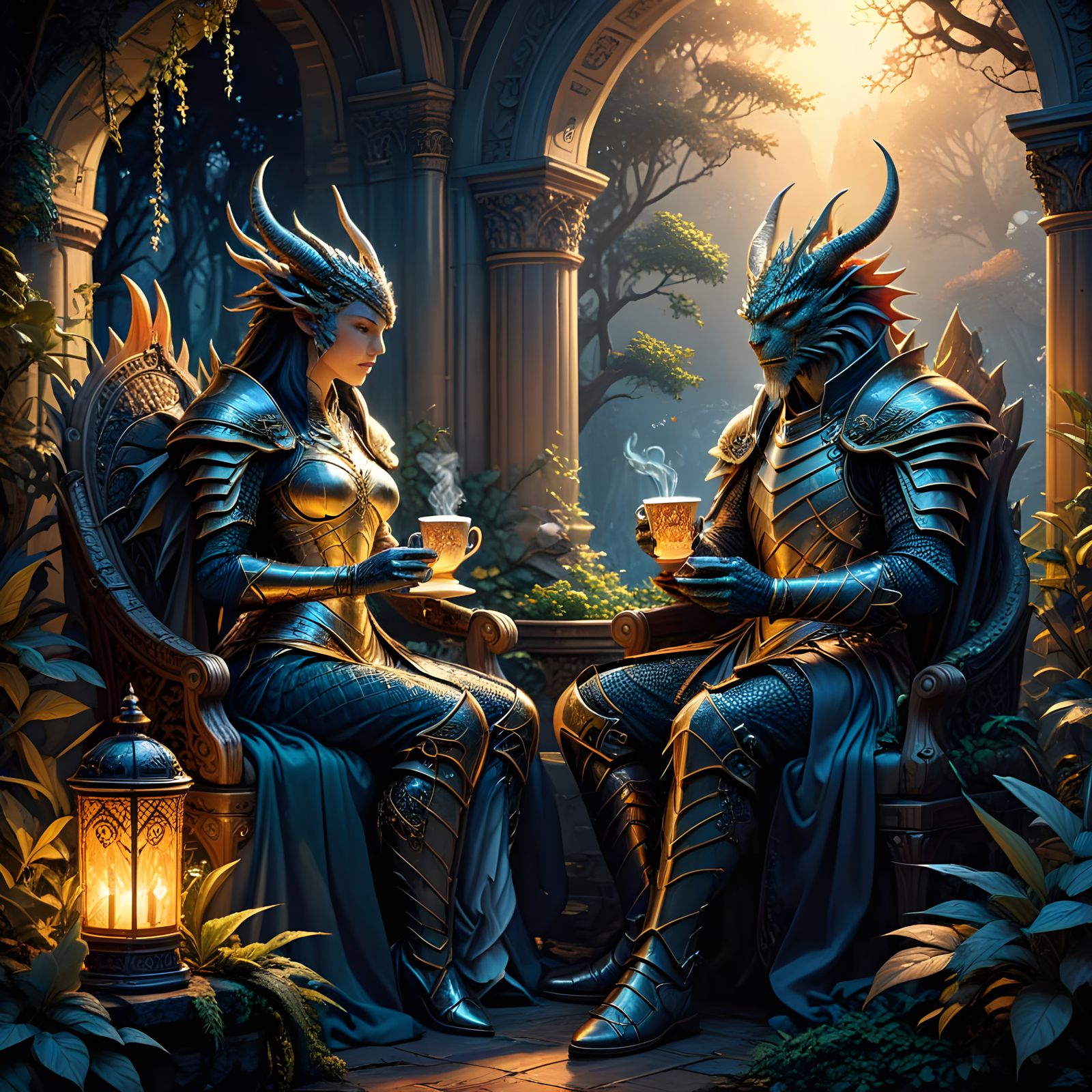 Dragon King and Queen Sipping Tea in Winter Wonder... - AI Art