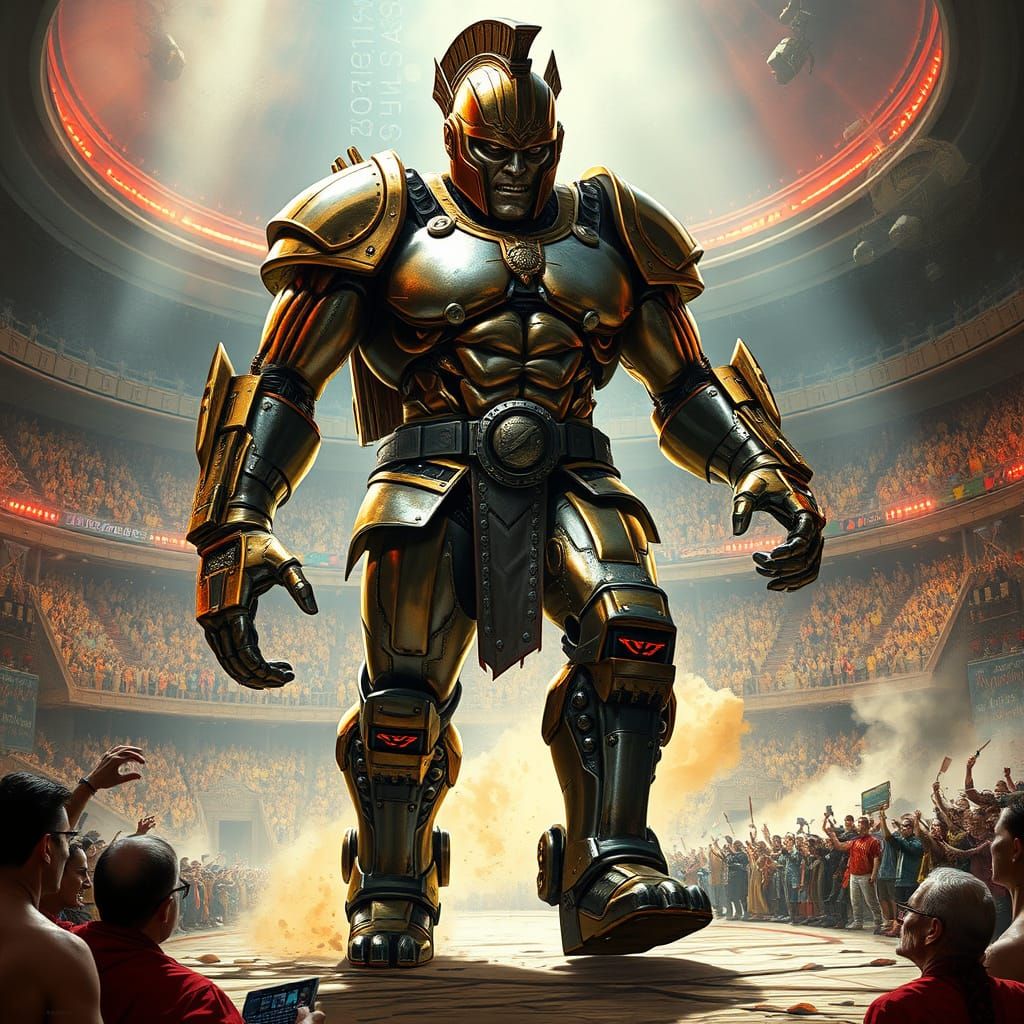 Cyborg Gladiator Enters Neon-Lit Arena in Gritty H... - AI Art