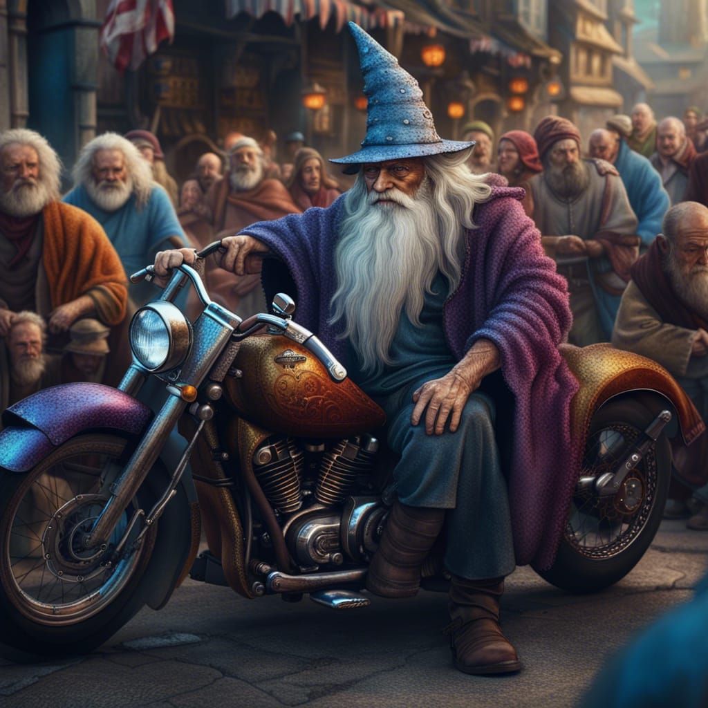 A wizened wizard sitting relaxed and sitting on a harley motorcycle ...