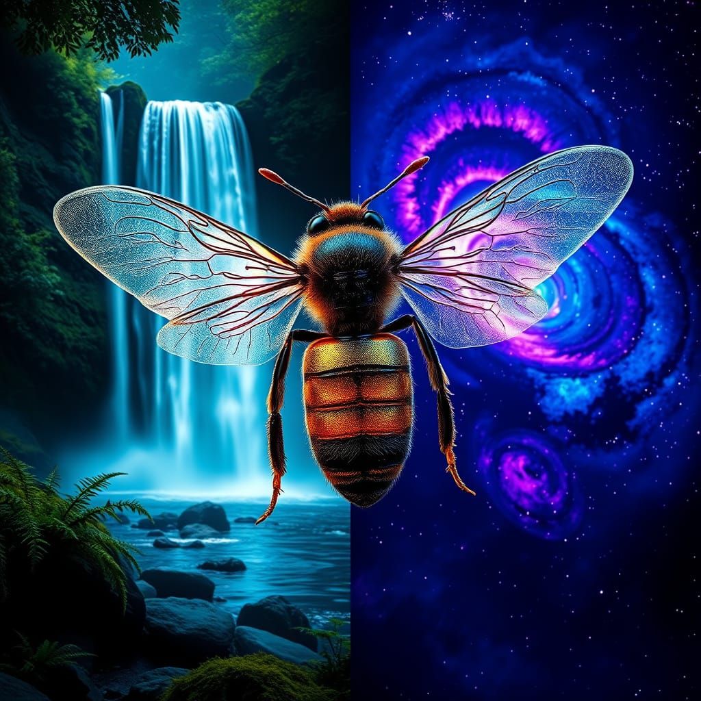 A hyper-realistic, ethereal fluorescent bee with d... - AI Art