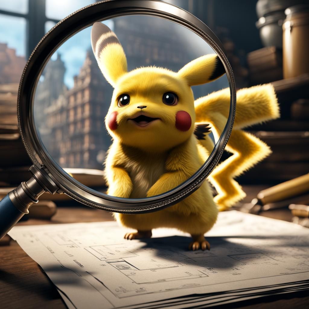 Detective Pikachu looking through a magnifying glass at a piece of ...