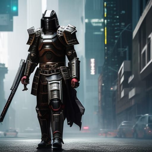 photorealistic heavily armored sci-fi techno-samurai cyborg in ...