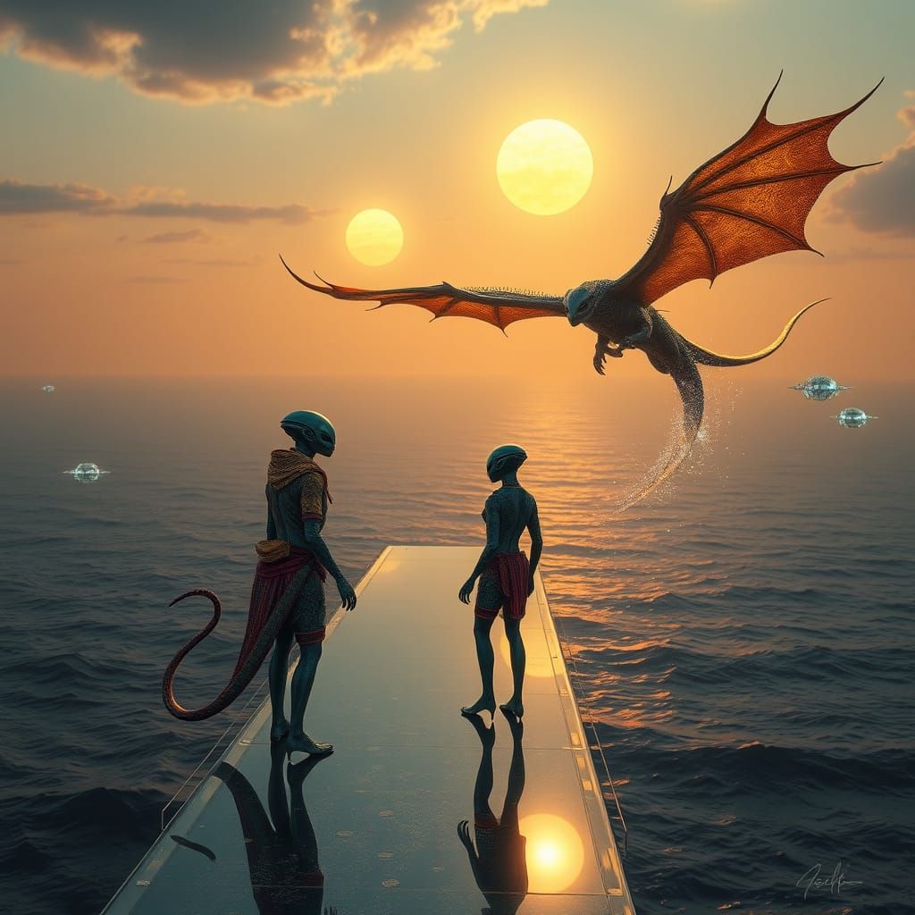Aliens on Glass Bridge Over Ocean at Dusk - AI Art
