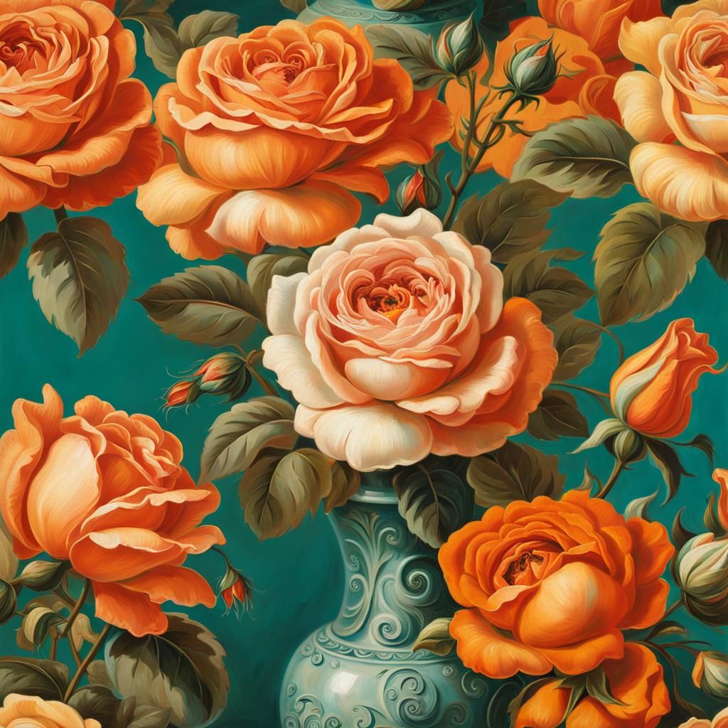 roses in a vase in the style of Peter Paul Rubens, orange and teal - AI ...