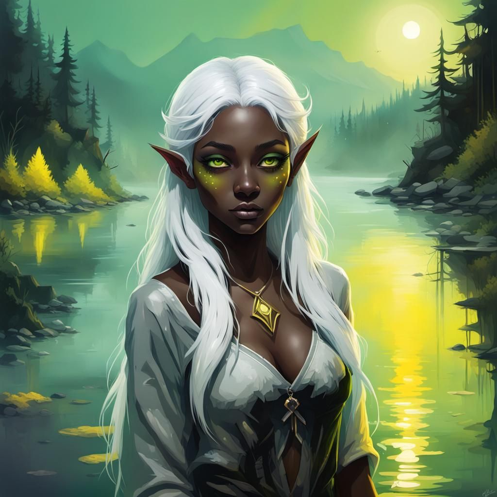 Female dark-skinned elf with white hair and large yellow-green eyes near a misty lake at night ...