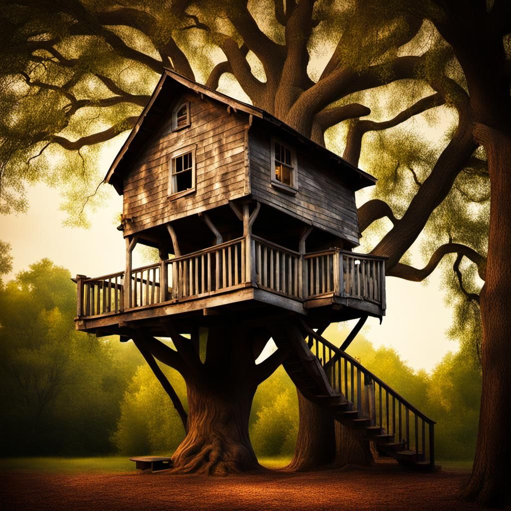 an epic old fashioned tree house painted in the style of Normal ...