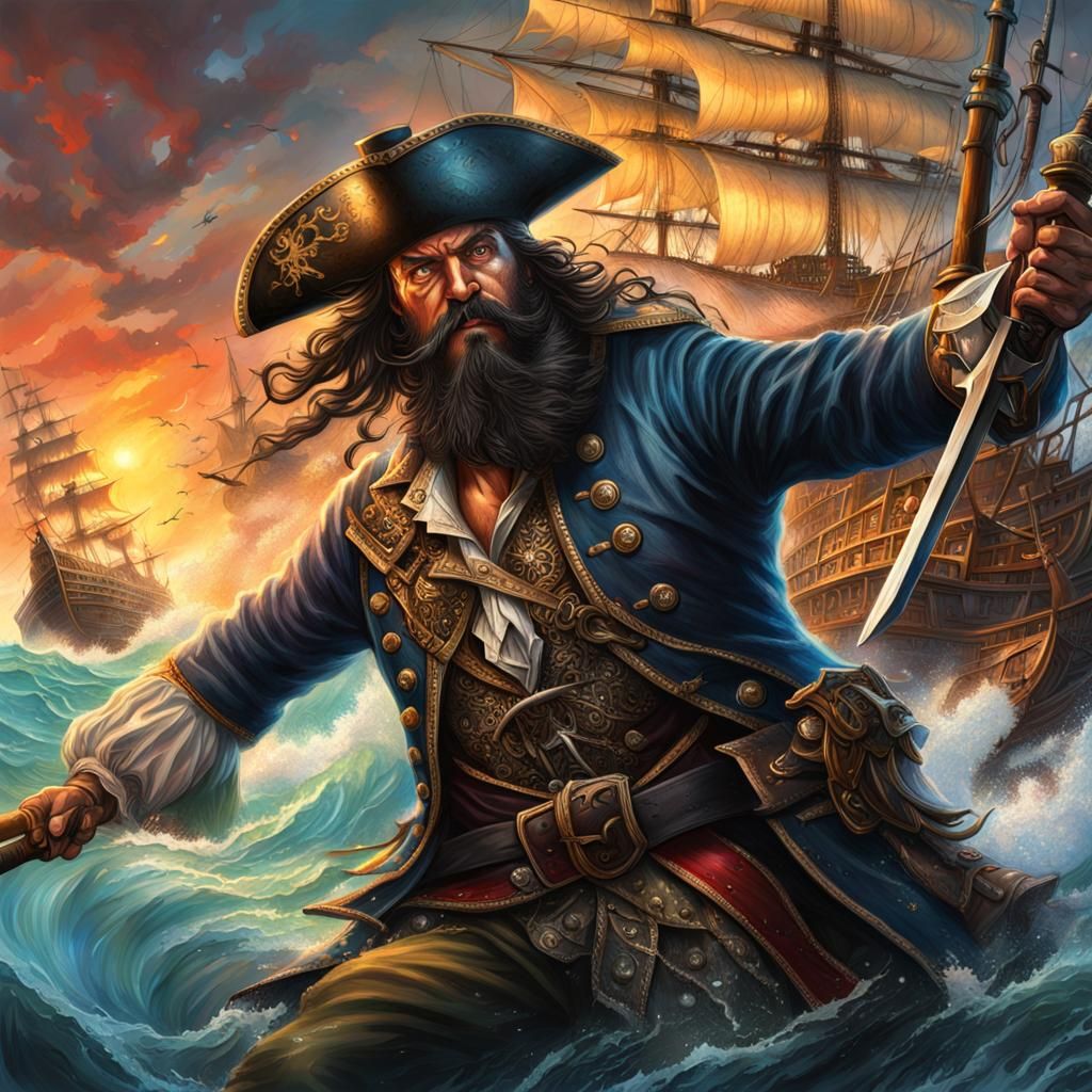Blackbeard, sword fight, ship, tattoo - AI Generated Artwork ...