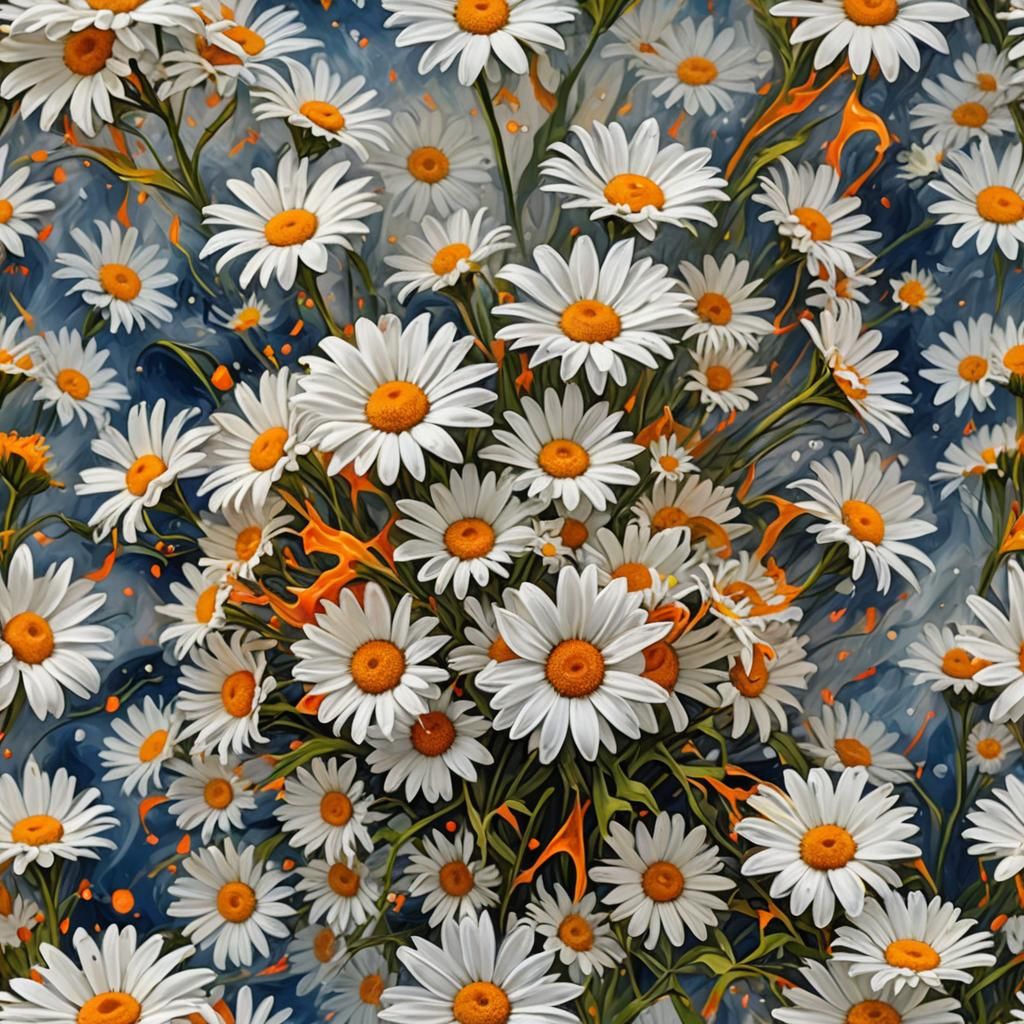 romantic fiery love in flames, burning veil, bouquet of white daisies ...