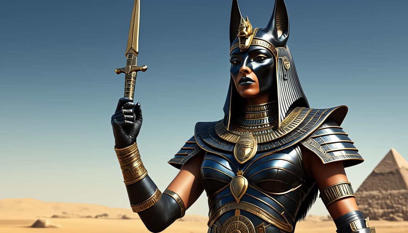 An Egyptian Female Warrior, very detailed armor, Anubis Headpiece - AI ...