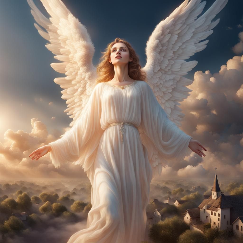 an unearthly beautiful angel in the sky above the village, a body made ...