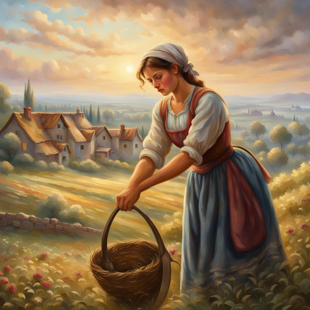 Close up image of a tired young peasant woman with sweat-stained ...