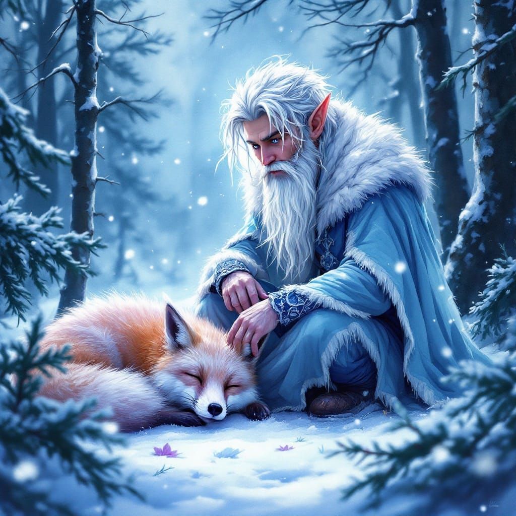 frost elf and sleeping fox - Whimsical Frost Elf Surrounded ...