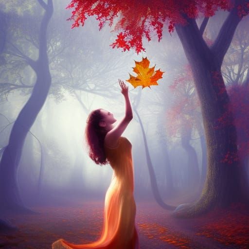 Enchanting autumn leaves falling from tall wise oak trees, surrounding ...