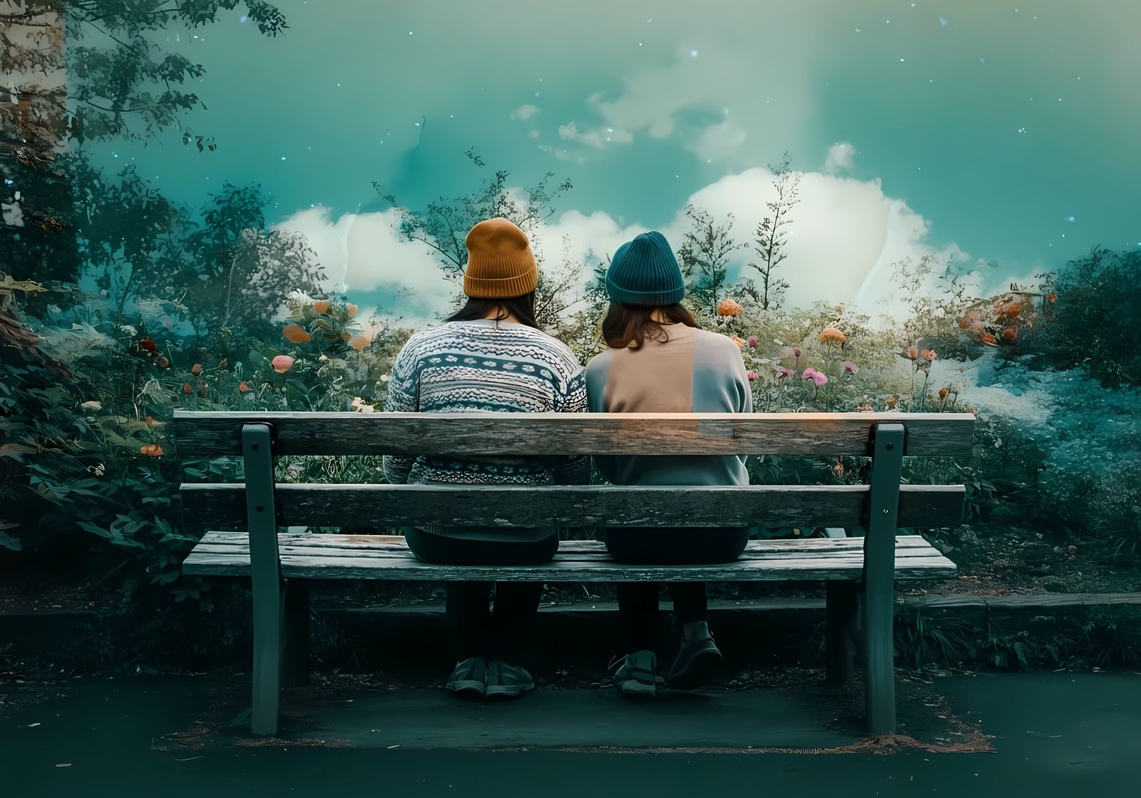 Two Friends Embracing Intimacy on a Park Bench, in... - AI Art
