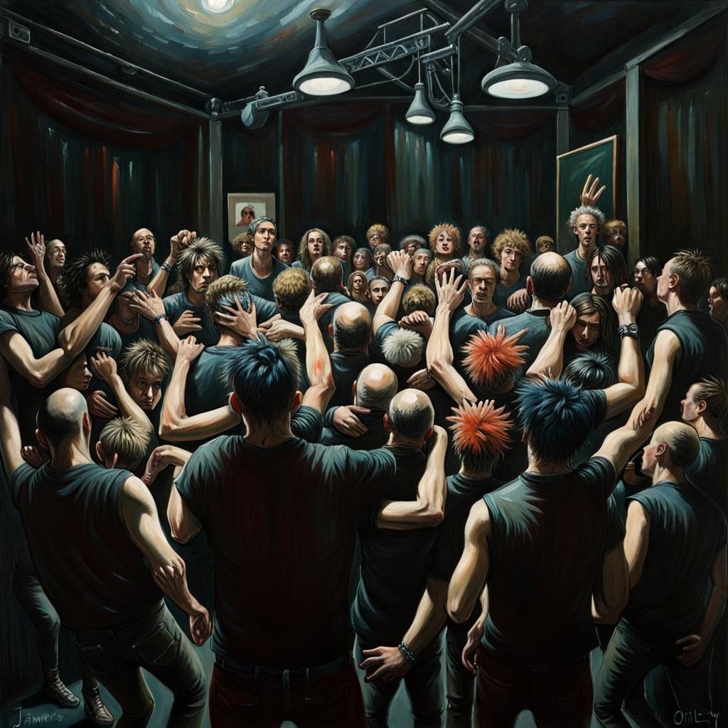 Overhead, view of dark colored punk rock concert in (small venue ...