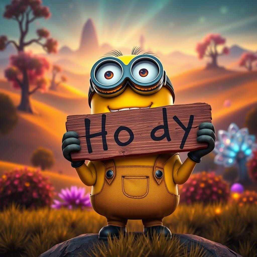 Minion Holds Sign in Vibrant Dreamlike Landscape - AI Art
