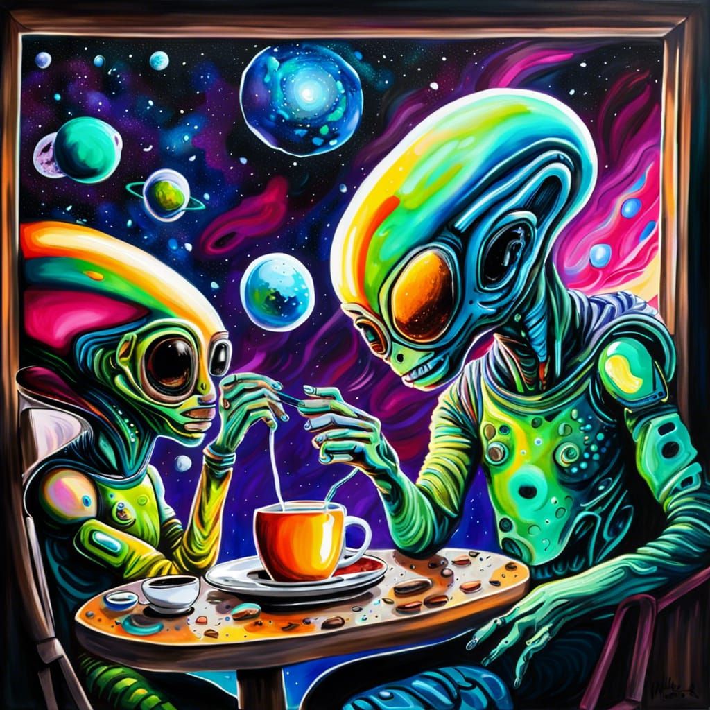Two aliens drinking coffee in a coffee shop in space with a space and ...
