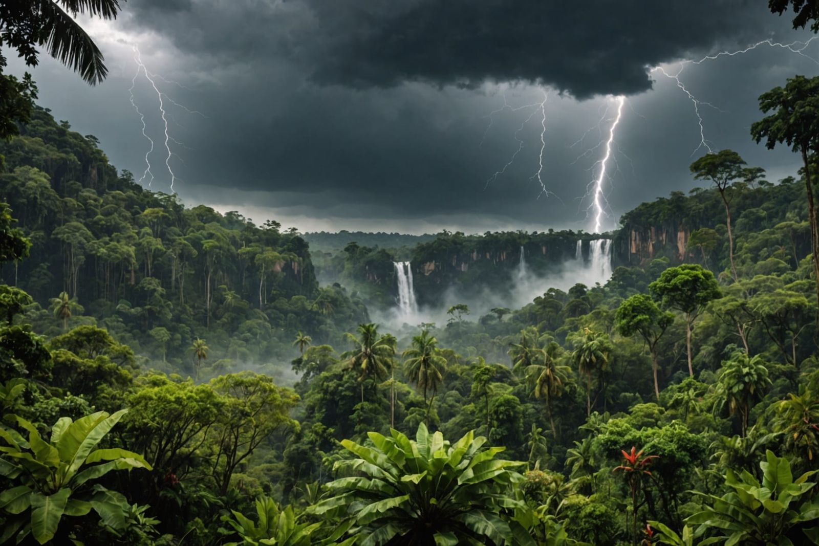 A picture of the rain forest with a waterfall, raining and lightning ...