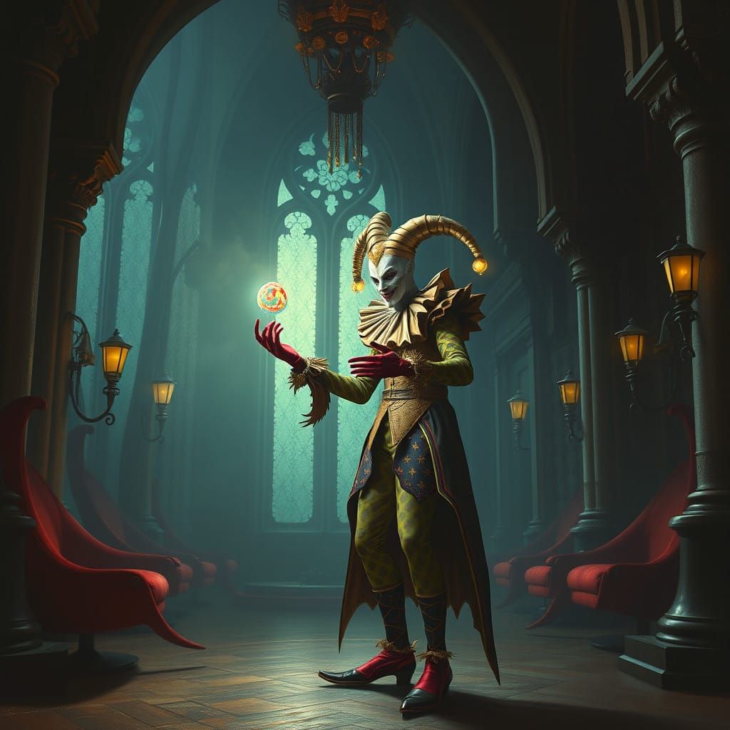 A mysterious jester standing in an eerie, dark castle hall