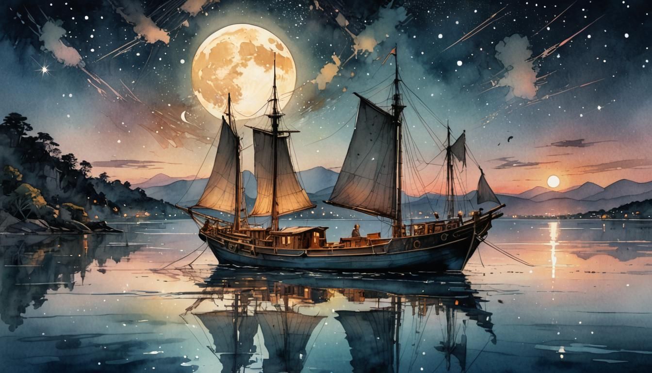 Beautiful boat on sparkling moonlit waters. Nighttime Digital ...