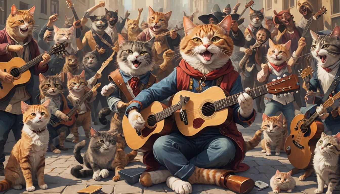 a cat who sits with a guitar, posing disguised among humans, male bard ...