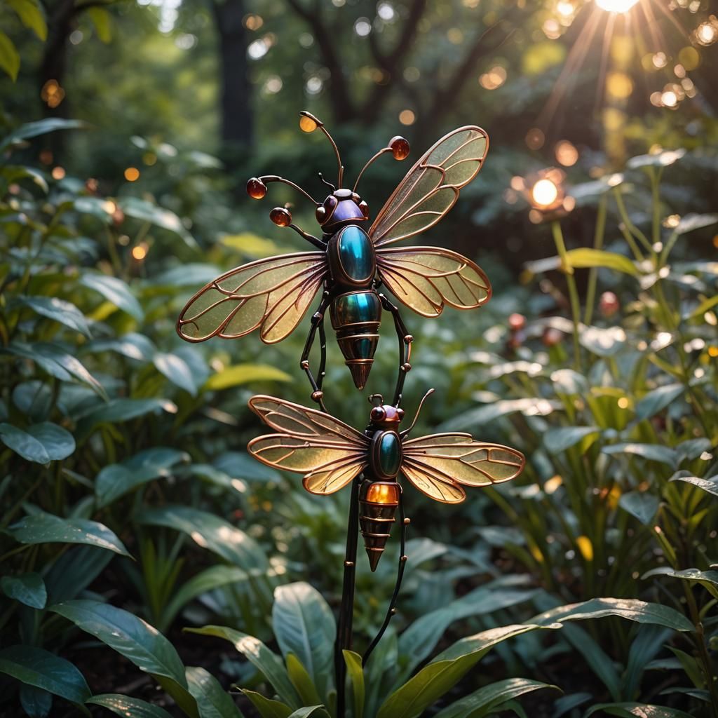 Art Deco metal glowing firefly sculpture, Fujifilm color positive ...