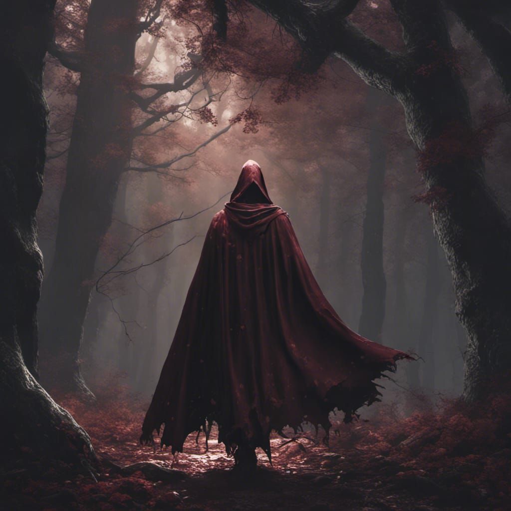 Floating maroon cloak with rips on the hood, horror, in a dark forest ...