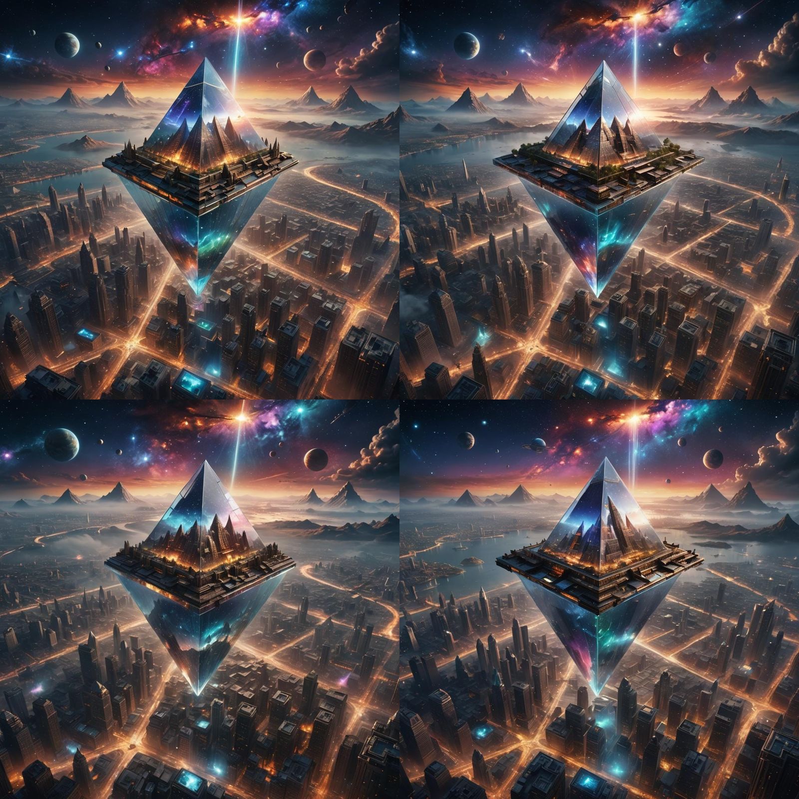 Floating glass pyramid with internal cityscape in the edge of an ...