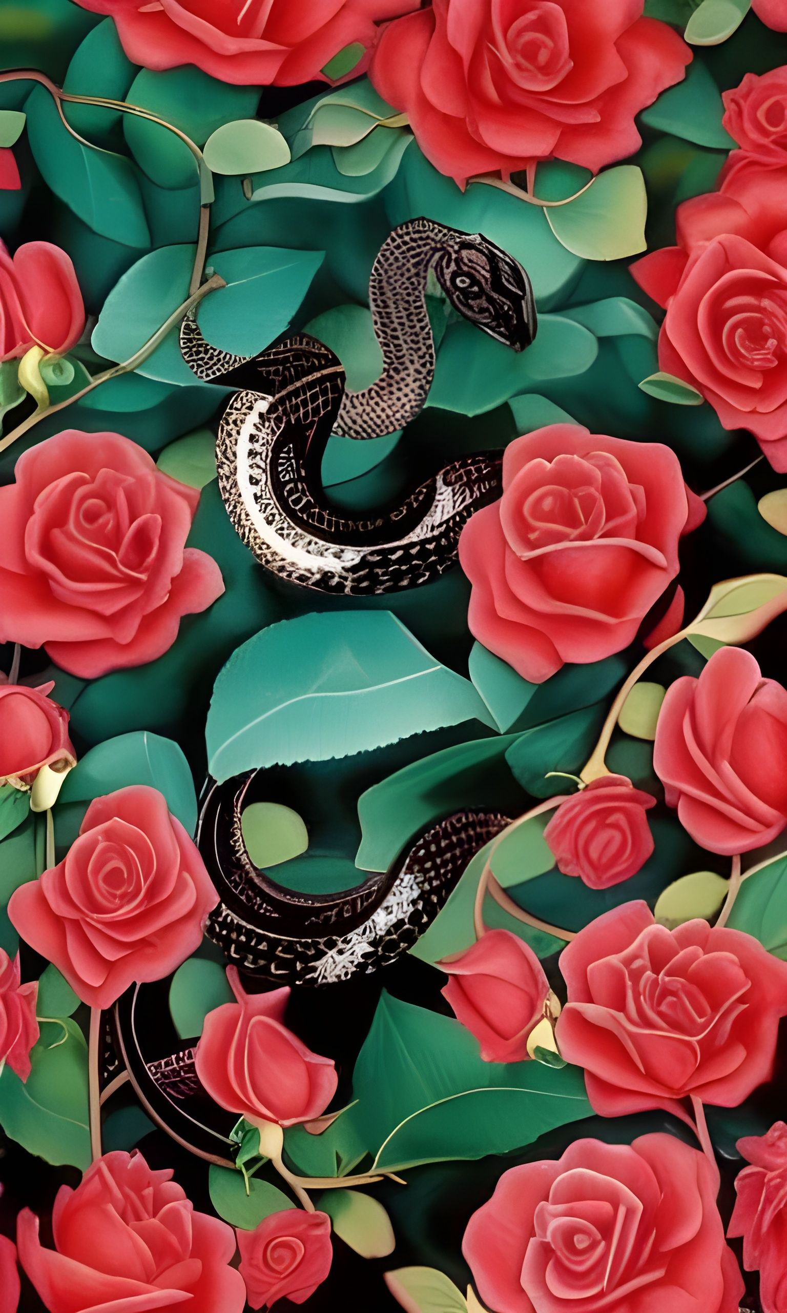 A shining beautiful stunning black snake intertwined with a vine of ...