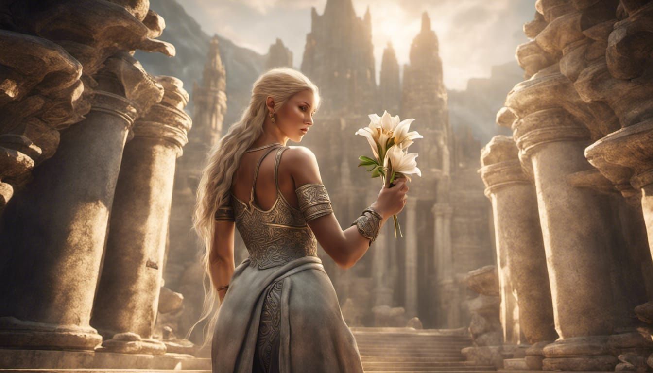 rear angle of blonde goddess of dibella from skyrim in an human form the temple holding a ...