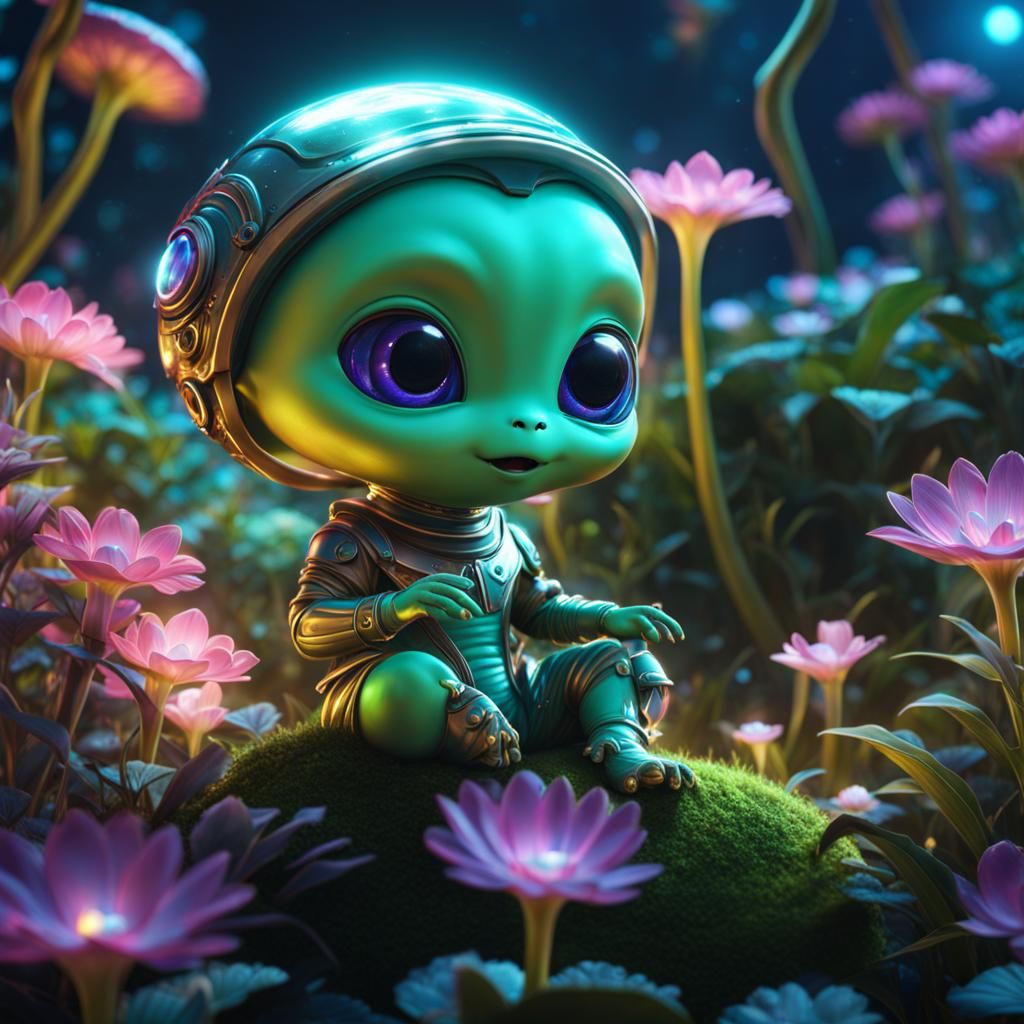 Cute alien baby sitting in hilographic amazement - AI Generated Artwork ...