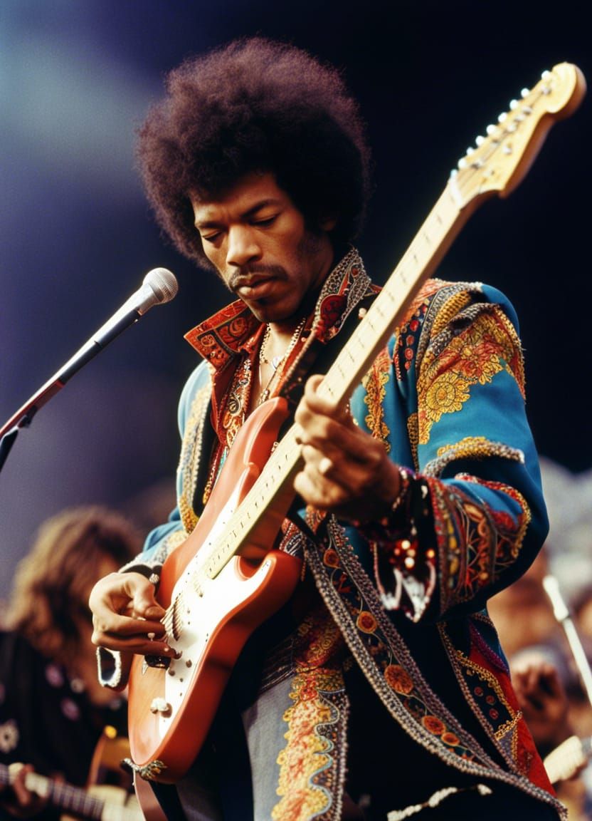 legendary guitarist, Jimi Hendrix, during his mesmerizing performance ...