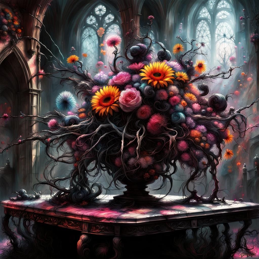 gothic floral still life on a table in a castle:: colorful exploding ...