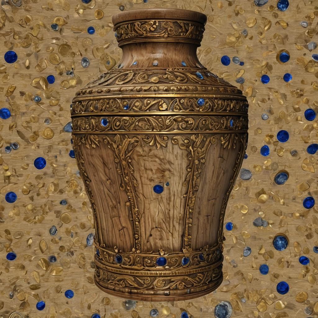 A wooden vase. 3D. Gilded patterns. Coins and sapphires stick out of ...