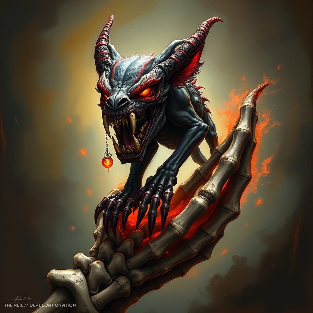 Hellhound in Skeletal Hand, Dark Fantasy Art - AI Art