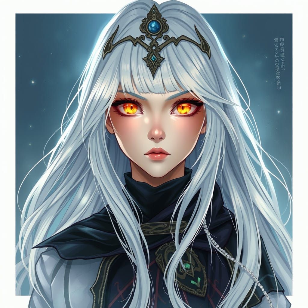 Vali Ravenclaw as a Dan Da Dan Character with white hair and gold eyes