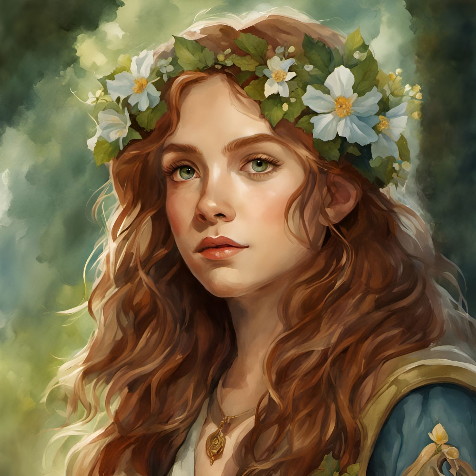 hobbit or halfling, female, long curly chestnut hair with flowers ...
