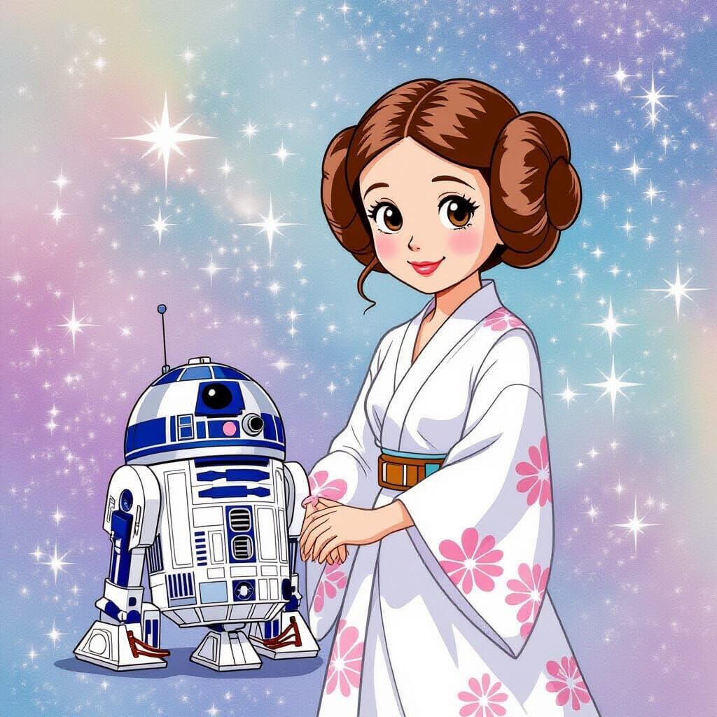 Princess Leia and R2-D2 in Ghibli Anime Style - AI Art