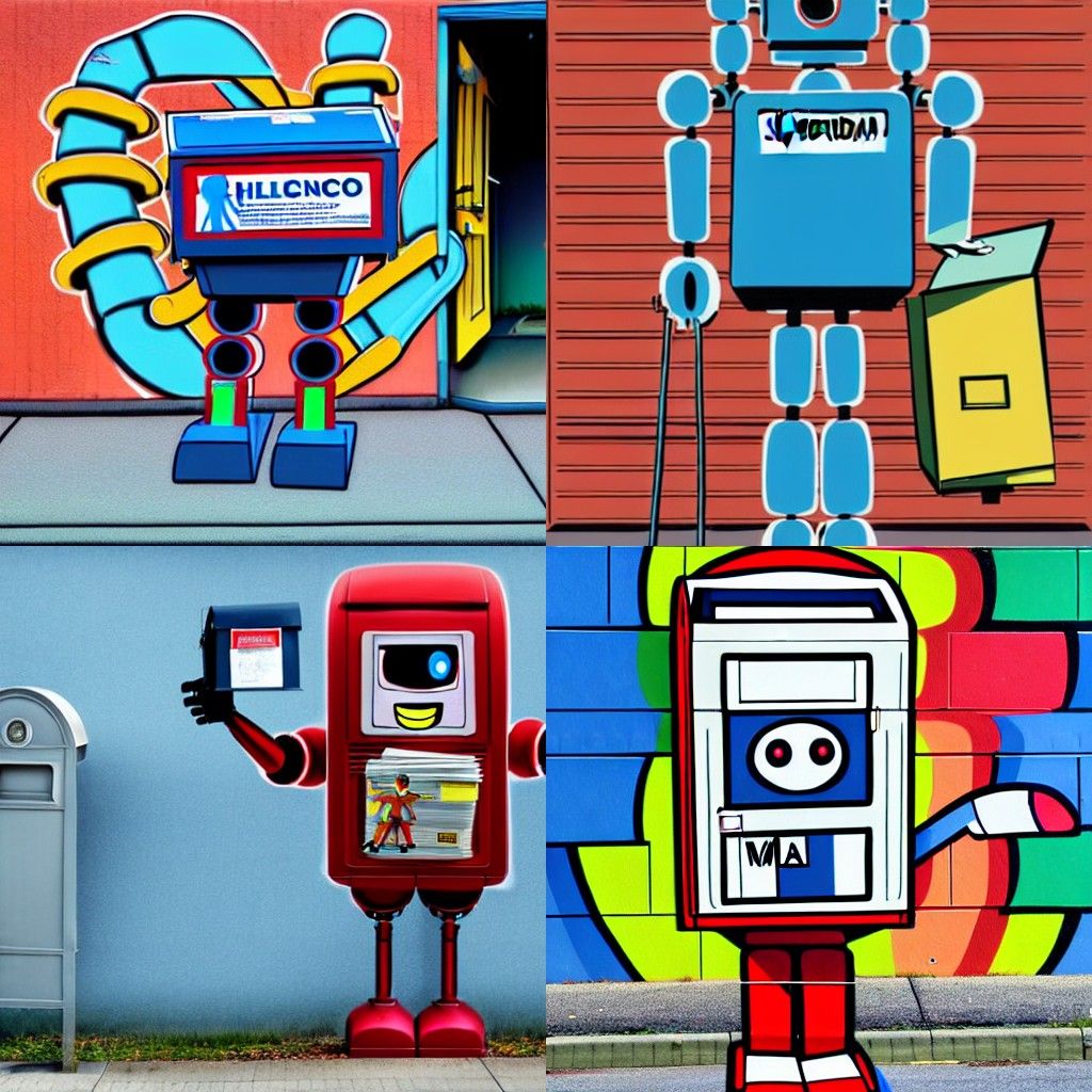 full body wide view of a humanoid robot delivering mail to a mailbox in ...