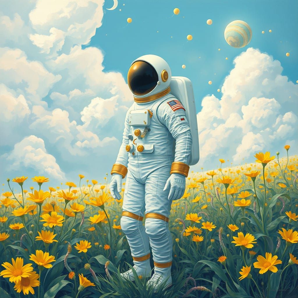 Promptsperiments - Surreal Astronaut in Vibrant Floral Lands...