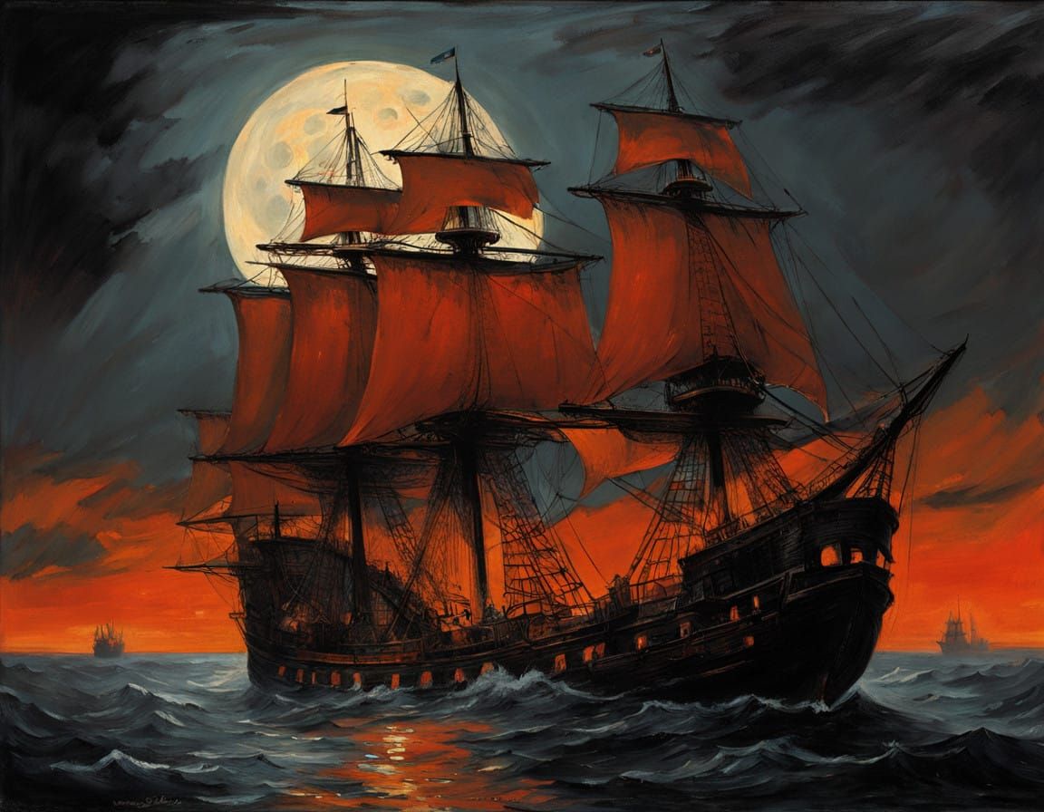 An oil painting of a cursed pirate ship, sailing under a blood-red moon ...