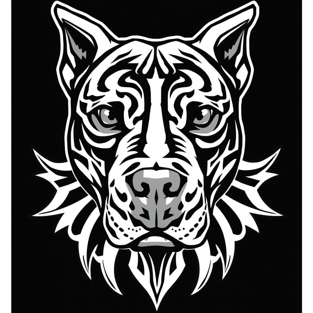 A bold black design of a pitbull with tribal patterns, sharp lines
