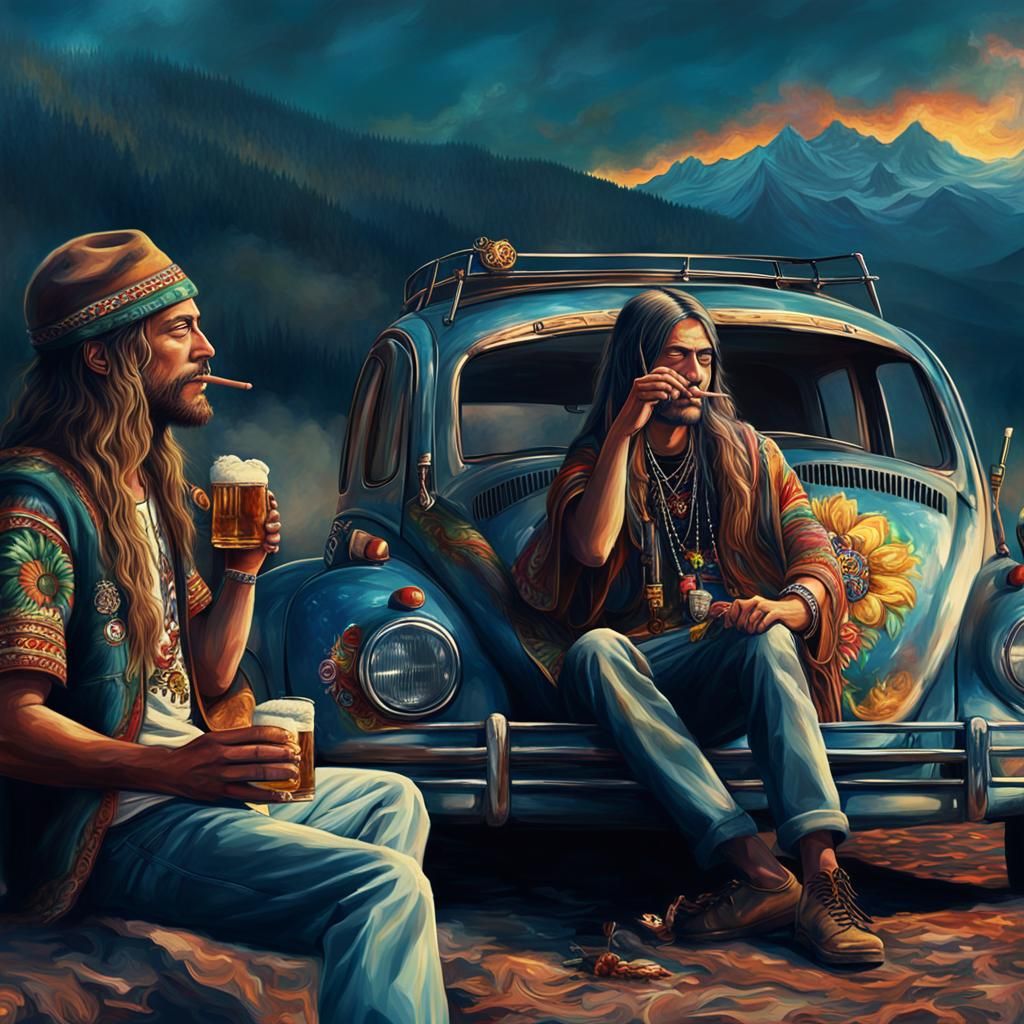 long hair female hippie and male smoking by VW Bug, drinking beer Epic ...