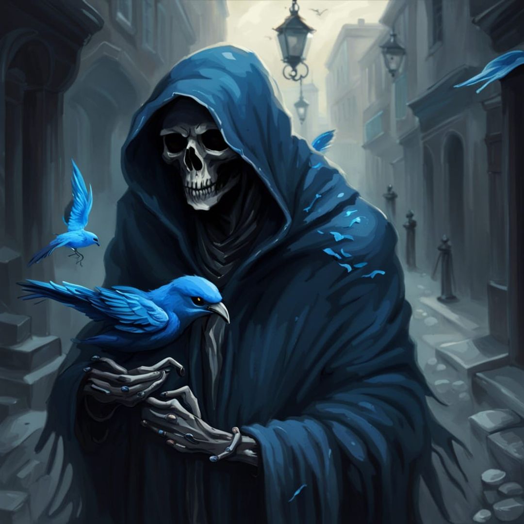 The grim reaper walking through streets filled with dead souls roaming ...