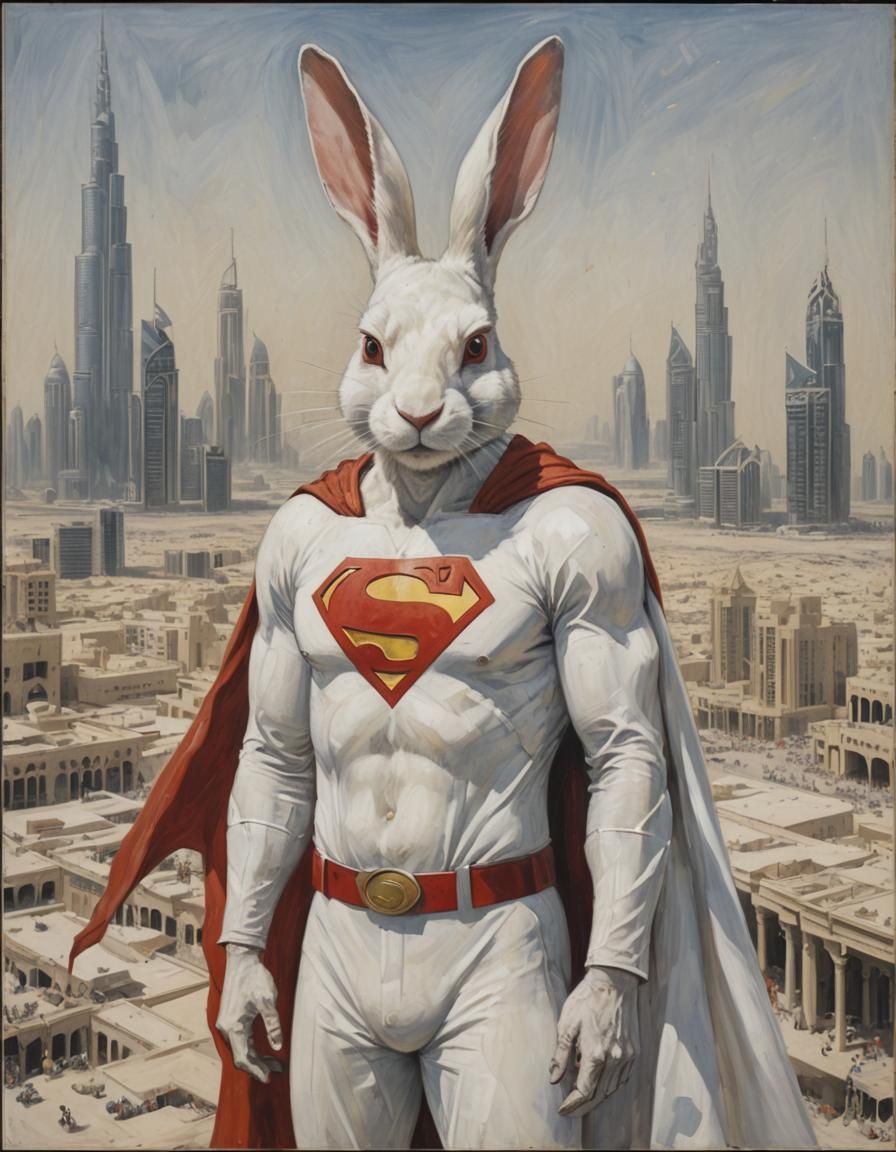 White rabbit as superman in dubai - AI Generated Artwork - NightCafe ...